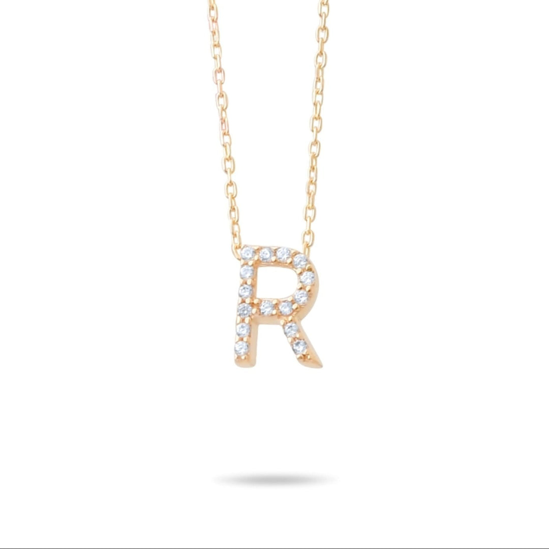 14ct Gold R Initial Necklace, CZ Personalised Pendant, Chain Included ...